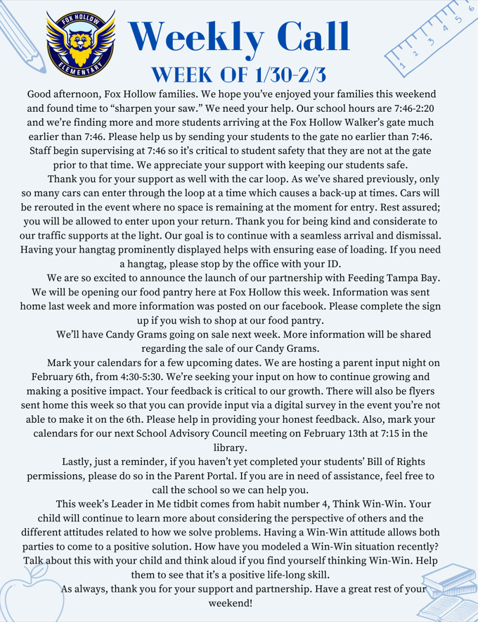 Weekly Call | Fox Hollow Elementary School